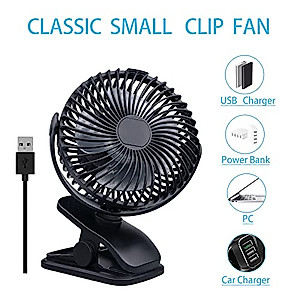WANGDAJIEDIAN Portable Clip on Fan, 4 Speeds 360° Rotation Personal Clip Fan, 20 Hours Work Time, Quiet USB Stroller Fan Small Desk Fan for Office, Bed, Treadmill, Car, Outdoor Camping, Golf(Black)