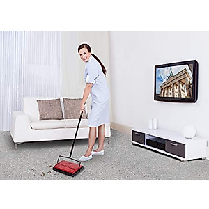 Alpine Industries Triple Brush Floor & Carpet Sweeper – Heavy Duty & Non Electric Multi-Surface Cleaner - Easy Manual Sweeping for Carpeted Floors (Red)