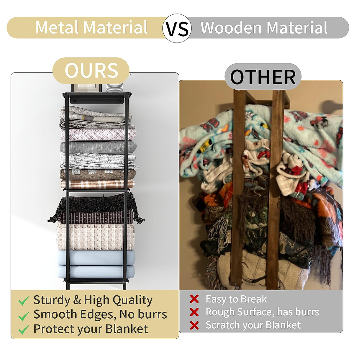 LSK Wall Blanket Holder, 3 Tier Blanket Storage for Living Room, 40 Inch Blanket Wall Rack with Shelves, Towel Blanket Ladder with Blanket Bar for Hanging Small Blankets, Baby Quilts, Matte Black