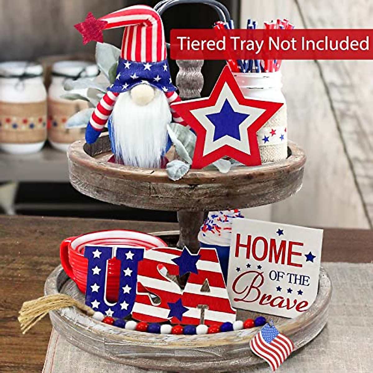 4th of July Decorations - Tiered Tray Decor - 3 Patriotic Wooden Signs - Gnomes Plush and Bead Garland - Farmhouse Rustic Decor Items for Home Table Memorial Day Independence Labor Red White Blue