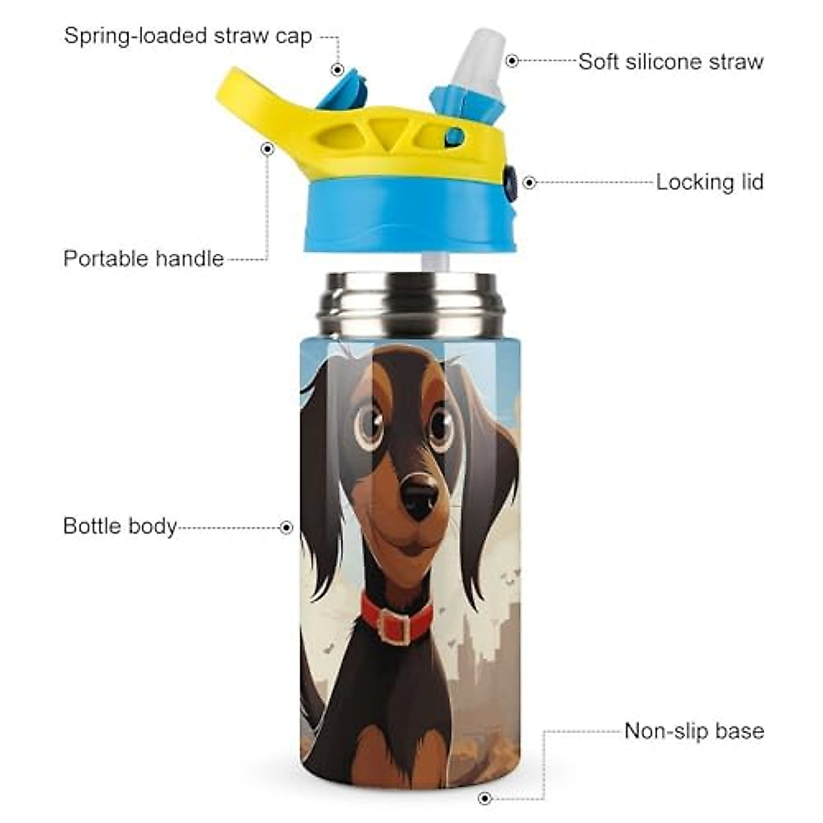 Stainless Steel Water Bottles I Love My Dog Dachshunds Travel Water Cups with Handle And Silicone Straw Drinking Cup with Leak Proof Lid Thermo Travel Mug for Women Men