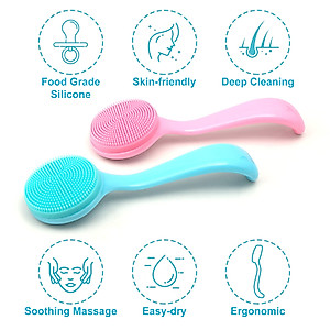 HINZIC 2 Pack Silicone Manual Facial Cleansing Brush, Skin Friendly Waterproof Face Cleaning Scrubber Exfoliator Cleanser for Blackheads Whiteheads Makeup Residues Removal- Blue & Pink