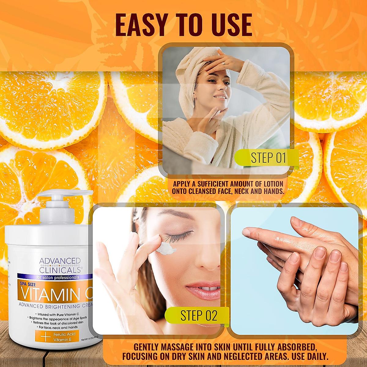 Advanced Clinicals Vitamin C Body Cream + Potent Vitamin C Face Lotion Brightening Skin Care Set, Anti Aging Dry Skin Rescue Creams Target Dry Skin, Sun Damaged Skin, Wrinkles, & Dark Spots, 2-PC Set