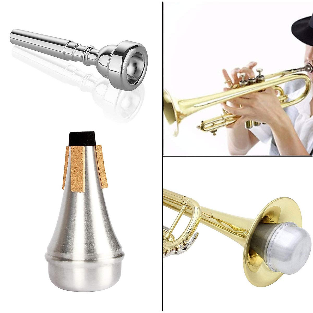 Kuylive 3 Pack Trumpet Mouthpiece (3C 5C 7C) with Lightweight Aluminum Practice Trumpet Mute Silencer Fit for Yamaha Bach Conn King Replacement Musical Instruments Accessories, Silver