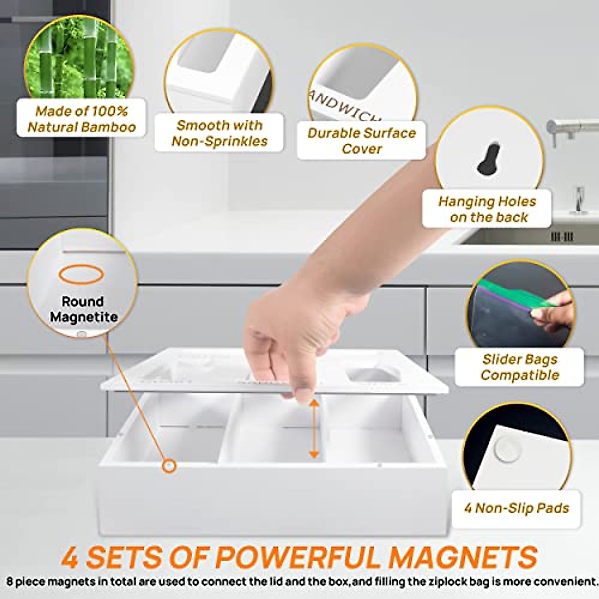 RNOONY Food Storage Bag Organizer, Gallon Quart Snack Sandwich and Slider Bag Dispenser for Kitchen Drawer(1 Box 4 Slots)