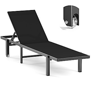Aluminum Chaise Lounge Chair Outdoor with Wheels, Patio Lounge Chair with Adjustable 5-Position Recliner and Full Flat Tanning Chair for Patio, Beach, Pool, Black