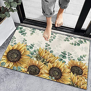 Indoor Doormat Absorbent Bath Rugs Entrance Non Slip Front Door Mat Sunflower Eucalyptus Leaves Kitchen Carpets Floral Art on Vintage Linen Floor Mats for Bathroom Bedroom Living Room Decor 20x32inch