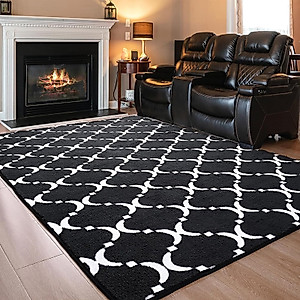 QXKAKA Ultra Soft Shag 5x8 Rug Modern Geometric Area Rug for Living Room Bedroom, Large Indoor Floor Carpet for Teens Girls Kids Nursery Home Decor, Black