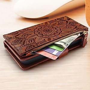 Harryshell Compatible with iPhone 15 Pro Max 6.7 inch 5G 2023 Wallet Case Detachable Removable Phone Cover Zipper Cash Pocket Multi Card Slots Wrist Strap Lanyard (Floral Brown)