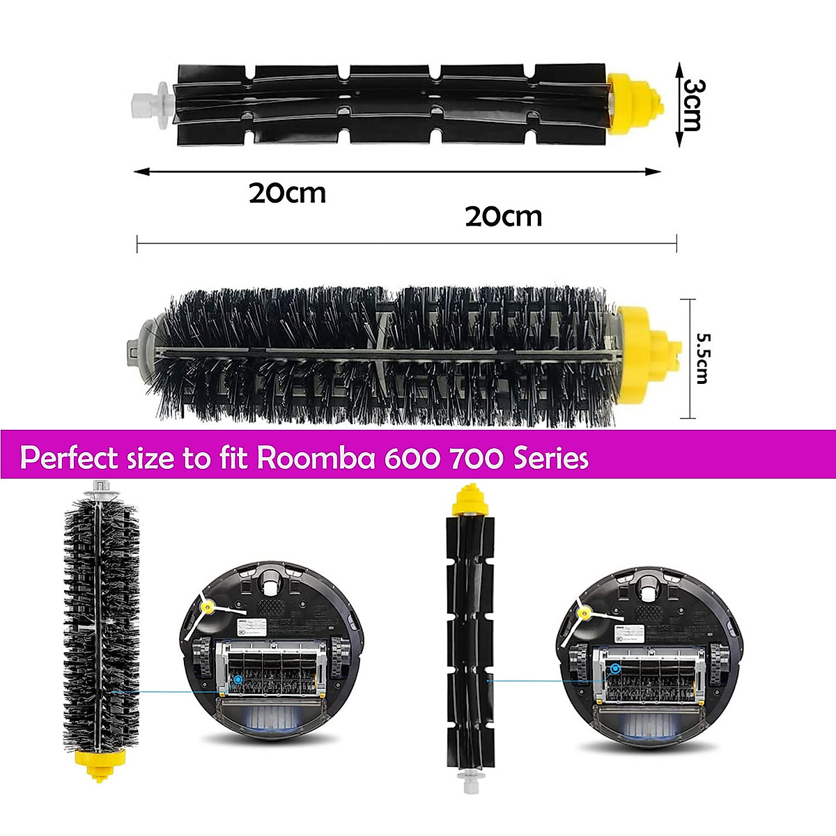 PELLYDA Replacement Parts for IRobot Roomba 600&700 Series,Roomba 614 620 630 635 640 645 650 655 660 675 680 690 695 760 770 780 Vacuum Cleaner(3 Sets Replacement Bristle & Flexible Beater Brushes)