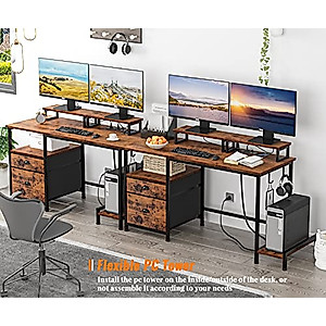 Furologee Computer Desk with Drawer and Power Outlets, 47" Office Desk with 2 Monitor Stands and Fabric File Cabinet, Writing Gaming Table with Shelves and 2 Hooks for Home Office, Rustic Brown