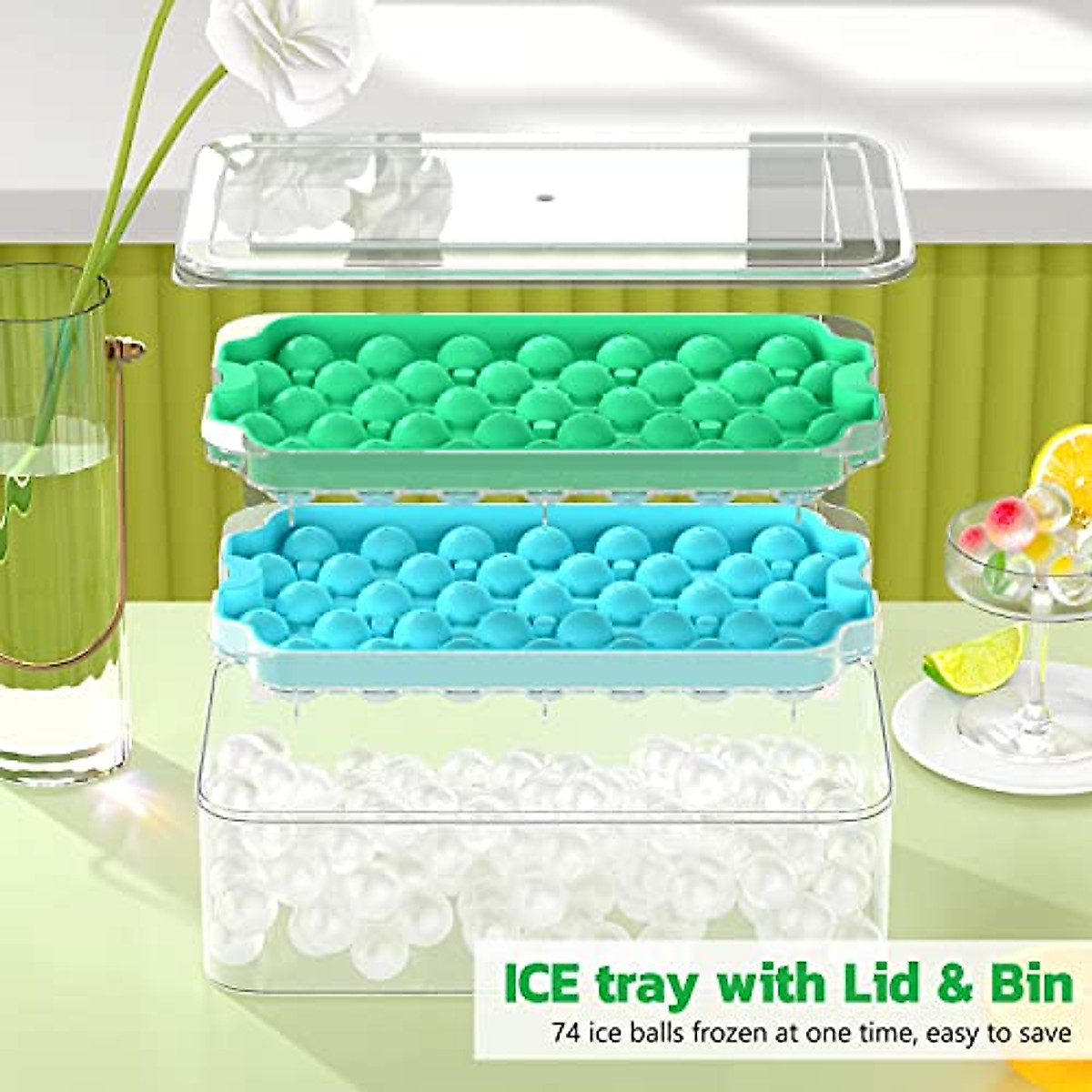 Upgrade Round Ice Cube Tray with Lid & Bin, TINANA Silicone Ice Ball Maker for Freezer, Easy Release Circle Ice Cube Tray with Container Make 74 Mini Ice Balls for Chilling Whiskey, Cocktail, Coffee