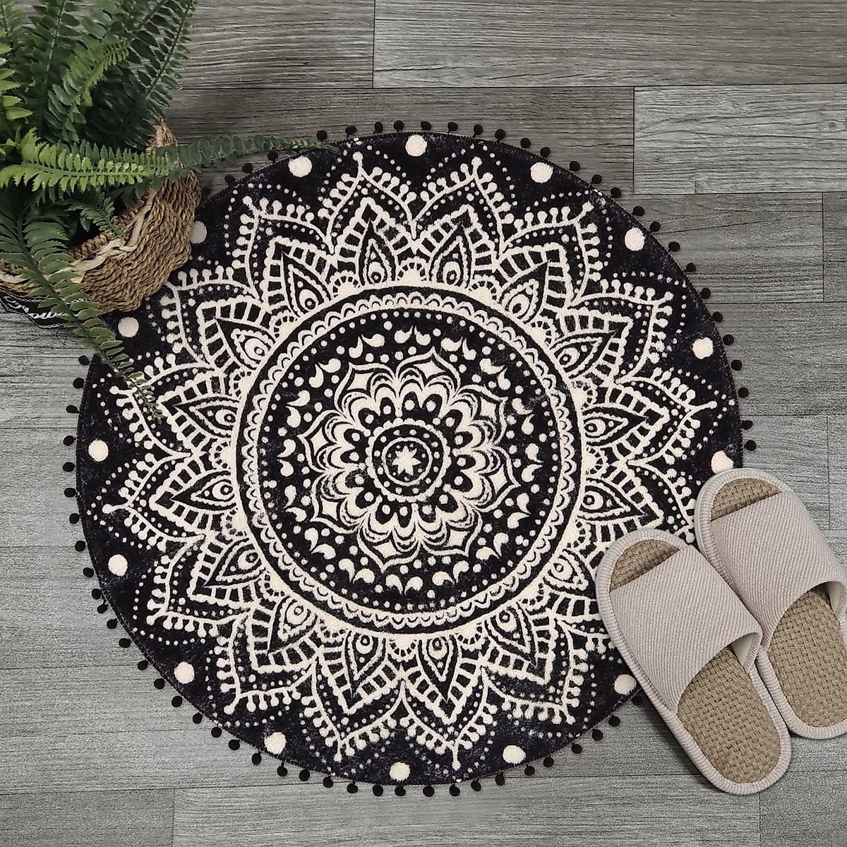 Uphome Small Round Rug 2.3’ Black Mandala Boho Bathroom Rugs with Pom Poms Fringe Washable Circle Shower Mat Soft Non-Slip Cute Circular Throw Rug for Sink Powder Room Bedroom Kids Room Nursery