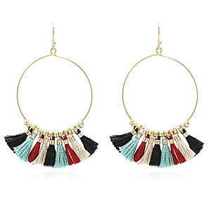 Bohemian Handmade Multi Color Tassel with Yellow Gold Plated Dangle Drop Statement Earrings