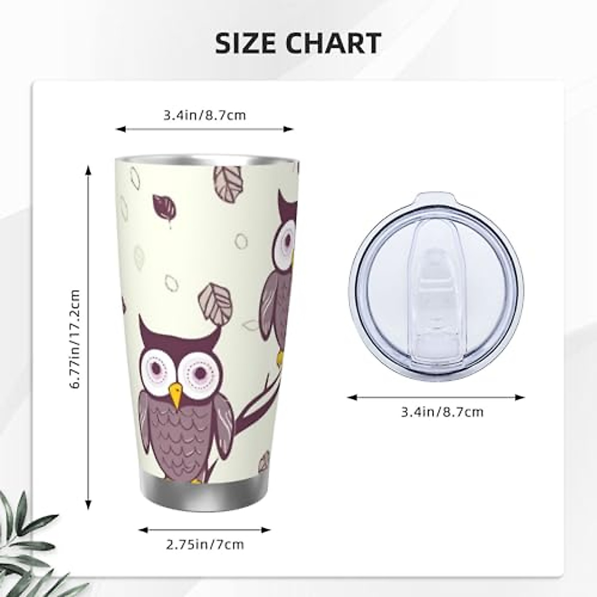 Owl Tree Branches Tumbler with Lid and Straw 20oz Stainless Steel Car Cup for Hot and Cold Drinks, Double Wall Insulated Travel Coffee Mug Reusable Drink Thermos Cup Birthday Gifts