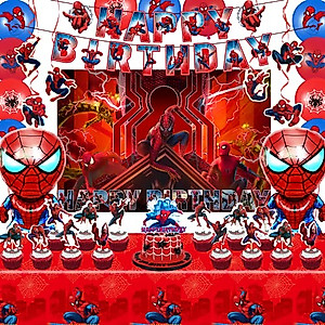 53 Pcs Spidey-men Birthday Decorations Party Supplies Include Happy Birthday Banners, Tablecloths, Cake Toppers ,Cupcake Toppers, Balloons, Hanging Swirls Superhero Birthday Party Supplies