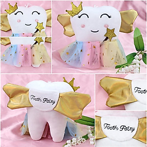Xunboo Cute Tooth Fairy Pillow with Wings and Colorful Skirt Tooth Fairy Doll with Pocket on Back Toothfairy Keepsake Gift for Girl and Boys