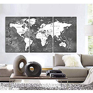 Original by BoxColors LARGE 30"x 60" 3 Panels 30"x20" Ea Art Canvas Print Watercolor Map World countries cities Push Pin Travel Wall Black White Gray decor Home interior (framed 1.5" depth)