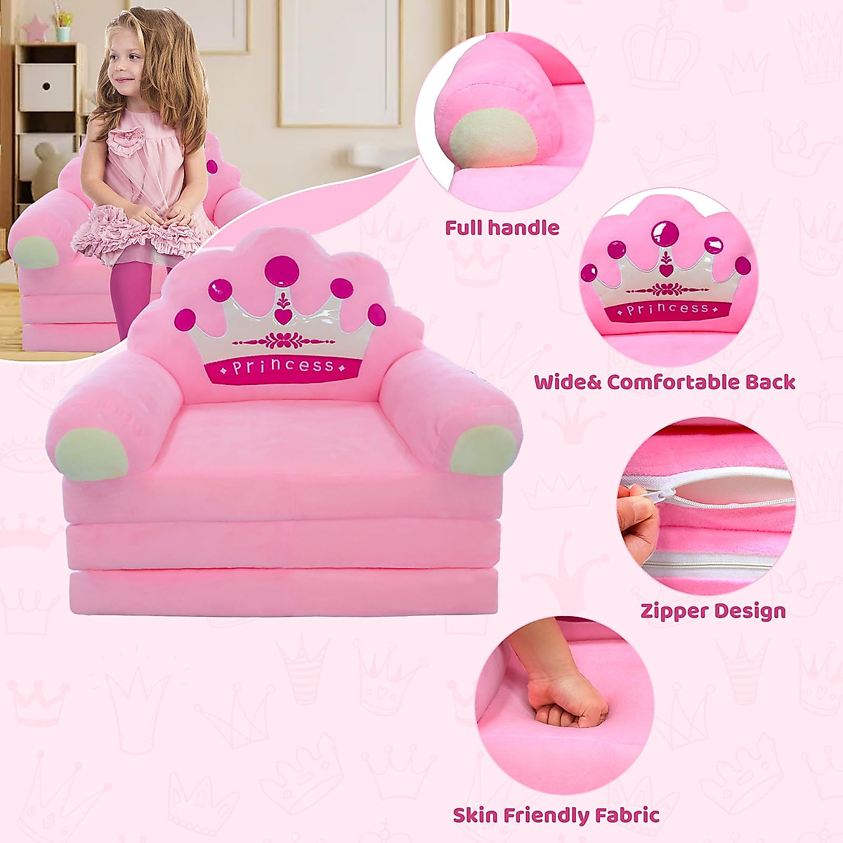 PLYFOU Kids Fold Out Couch, Couch for Toddlers 1-3, 2-in-1 Foldable Princess Chair for Toddlers, Mini Couch for Kids Reading and Napping, Idea for Girls, Pink