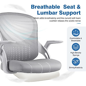 JHK Home Office Desk Chair – Ergonomic Office Chair with Lumbar Support and Flip-up Armrest, Height Adjustable Mesh Computer Chair, Suitable for Office, Study, Conference Room, Grey