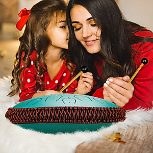 14 Inch 15 Note Steel Tongue Drum Qingshi Percussion Instrument Lotus Hand Pan Drum with Drum Mallets Carry Bag，Used for music education concert spiritual healing yoga meditation (Green)