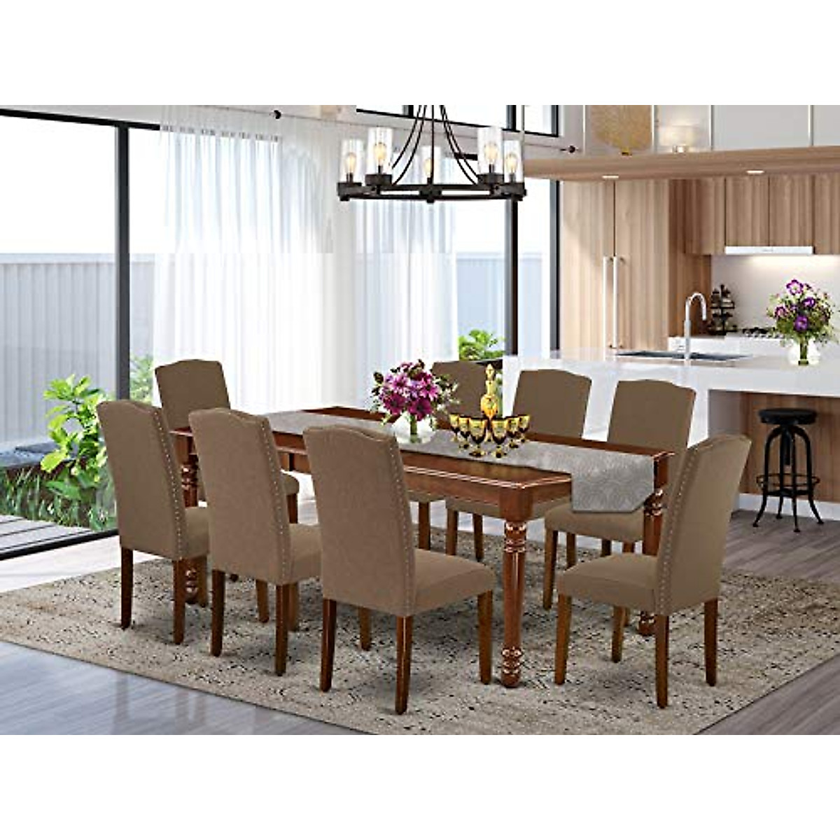 East West Furniture DOEN9-MAH-18 9-Pieces Modern Dinette Set-Dark Coffee Linen Fabric Chairs-Mahogany Finish 4 legs Hardwood Butterfly Leaf Rectangular Kitchen Table and Structure, 9