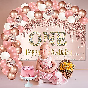 Happy 1st Birthday Banner Backdrop Decorations with Confetti Balloon Garland Arch, Rose Gold One Birthday Banner Balloon Set for Girls, Pink 1 Year Old Bday Poster Photo Booth Decor