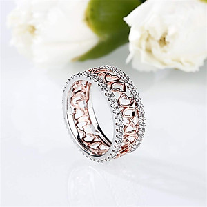 Jeulia Rose Gold Two Tone Engagement Rings for Women Round Cut Jewelry Bridal Sets Stackable Band Ring Sets Anniversary Promise Rings with Jewelry Gift Box (Heart 1, 8)