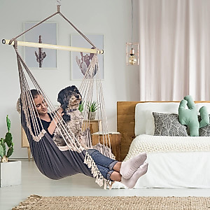 BDECORU Hanging Hammock Chair Swing - Outdoor & Indoor Hammock Swing Chairs for Outside or Inside of Home, Swing Hanging Chair with Footrest - Includes 2 Cushions, Bag, & Hanging Kit - Gray Beige
