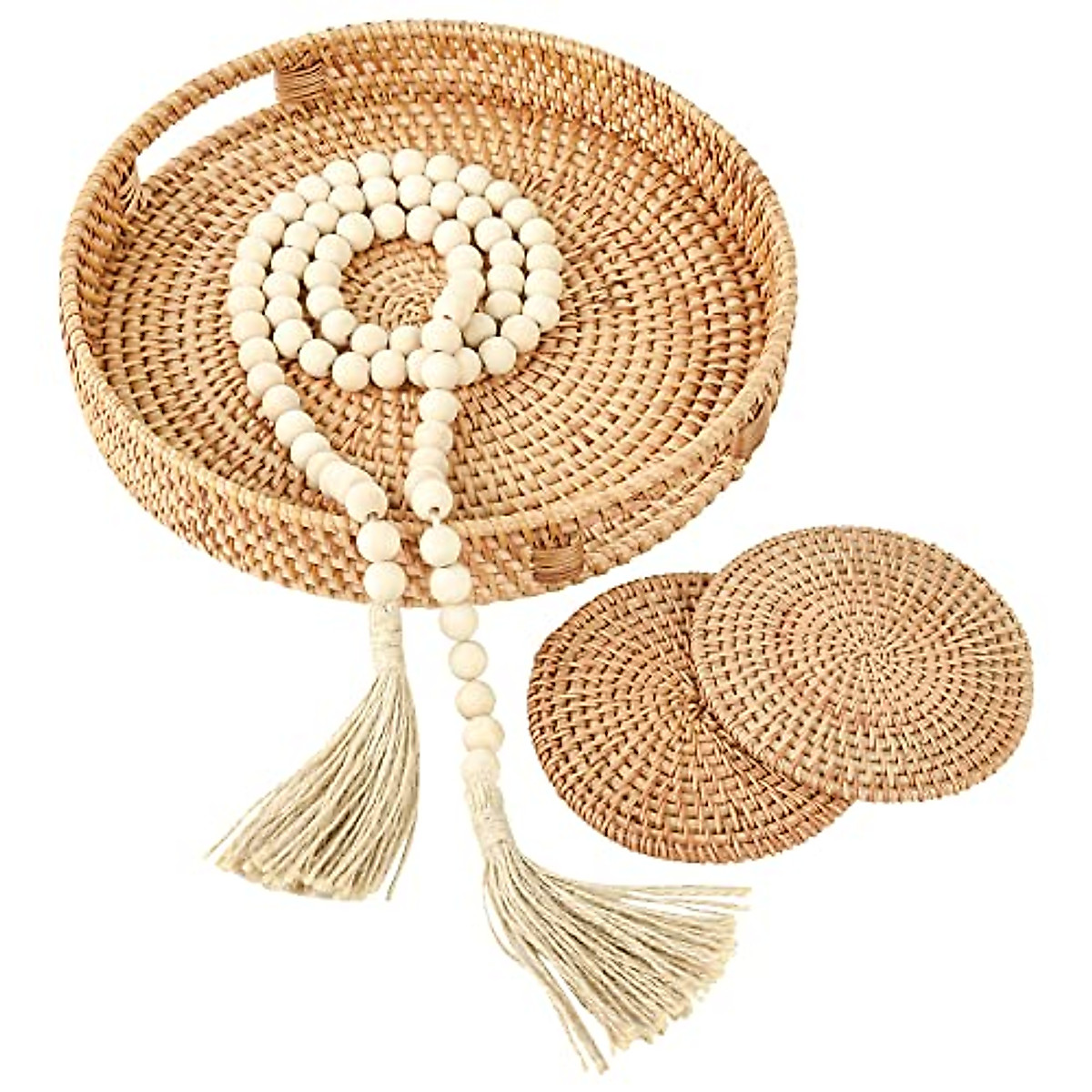 Decorative Round Basket Tray Rattan Woven Serving Tray Natural Hand-Woven Centerpiece Basket with Handles and Wood Bead Garland for Christmas Home Decor Coffee Table Fruit Bread Serving 11.8 inch