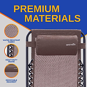 SereneLife Zero Gravity Lounge Chair - Set of 2 Adjustable Recliners and Side Table, Includes Removable Padded Headrest Pillows, Breathable Mesh Fabric, Lightweight and Foldable, Brown