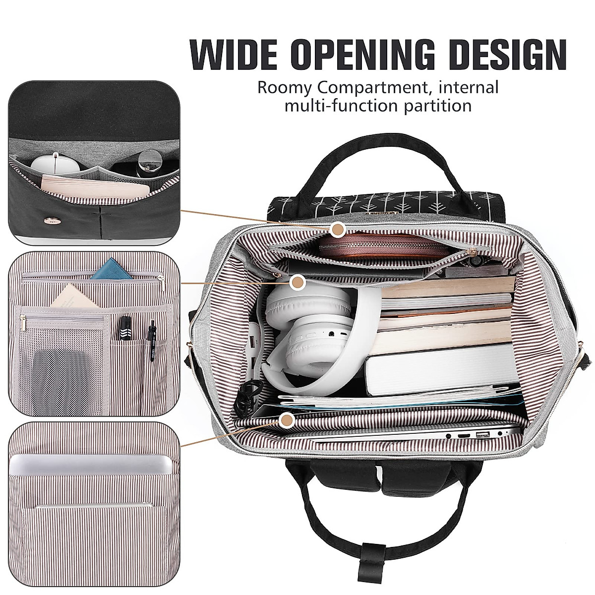 MOMUVO Laptop Backpack for Women Laptop Bag with USB Port, Student Bookbag Water Resistant Backpacks Teacher Doctor Nurse Work Backpack Stylish Travel Bags, Fits 17-Inch Laptop Grey Black