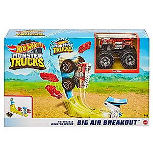 Hot Wheels Monster Trucks Big Air Breakout Play Set with 5 Alarm 1:64 Scale Die-Cast Metal Body Monster Truck 4 Plastic Crushed Cars 1 Slam Launcher and Ramp for Vertical Crashing Complete Gift