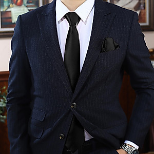 PenSee Men's Black Ties For Men Solid Pure Color 3.15" (8CM) Classic Formal Plain Necktie and Pocket Square Set For Men