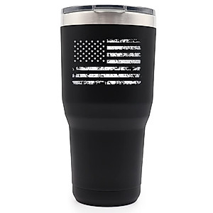 Yukon Outfitters Freedom High Grade 18/8 Stainless Steel Double Wall Vacuum Insulated Tumbler (30oz / 890ml) - 7.85" H x 3.9" Top Dia. / 2.9" Bottom dia., Black with 'Distressed USA Flag' engraving