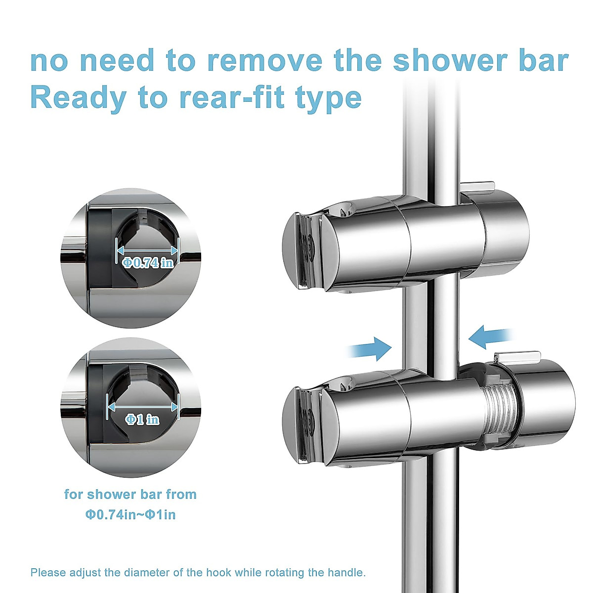 OFFO Shower Head Holder, Adjustable 0.75-1.00 in(19-25mm) Diameter Hand Shower Holder Bracket for Slide Bar,Detachable Slider Clamp Bathroom Replacement, 360 Degree Rotation Sprayer Holder, Chrome