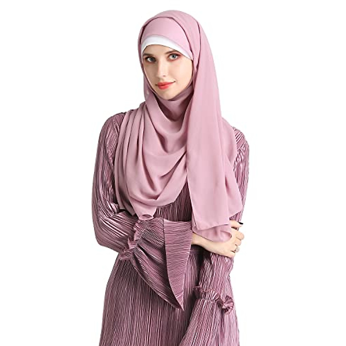 Anika Fashion Warehouse All Season Women Soft and Non-Slip Chiffon Long Scarf - Fashion Muslim Hijab Scarf Head Wrap Scarves 80 X 30 Inches Long Solid Color - Nude Pink