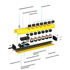 CRST Heavy Duty Power Strip with Individual Switches–6 Outlet 2 USB Ports, 15A/1875W Metal Power Strip Surge Protector Circuit Breaker 1200 Joules, 6FT Mountable Power Strip for Garage, Workshop, Home