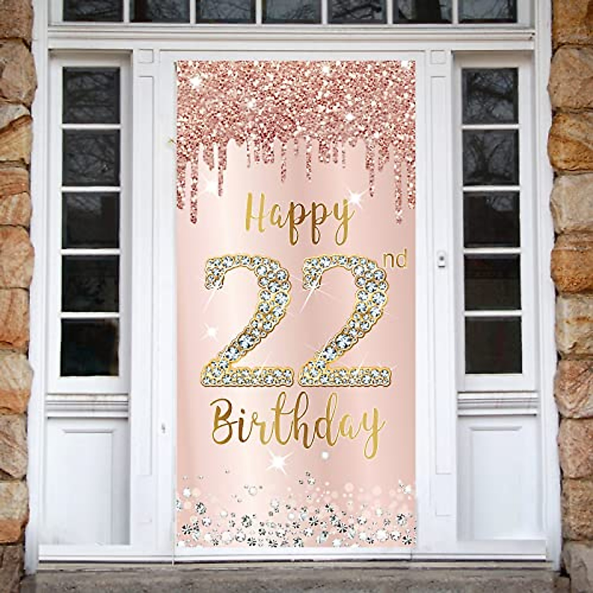 22nd Birthday Door Banner Decorations for Women, Pink Rose Gold Happy 22 Birthday Door Cover Sign Party Supplies, Twenty Two Year Old Birthday Backdrop Poster Background Decor