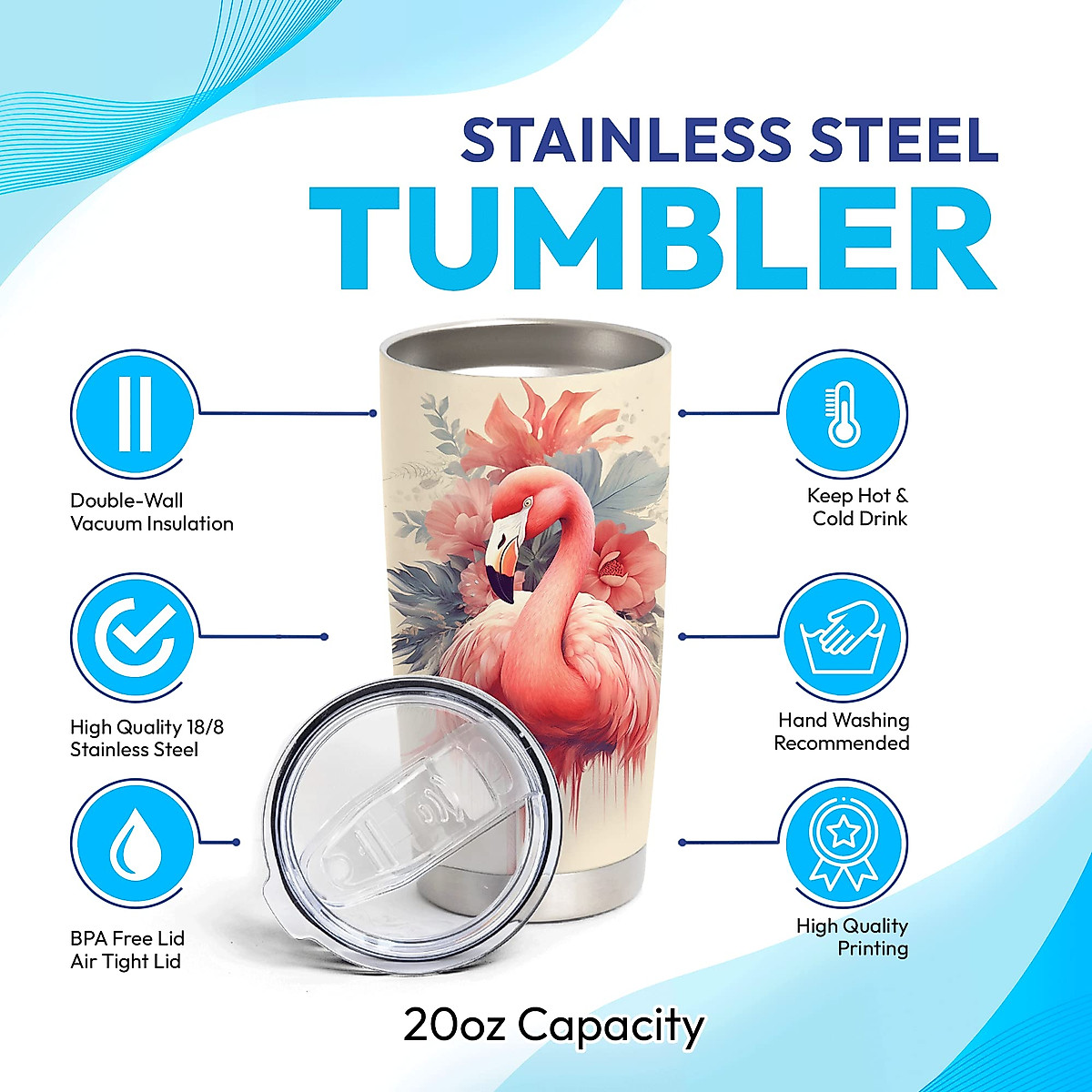 Hyturtle Personalized Gifts For Flamingo Lover - Flamingo Prints Custom Name Stainless Steel Tumbler 20oz With Lid - Idea Bird, Animal lover Gift For Women Girl On Birthday, Christmas