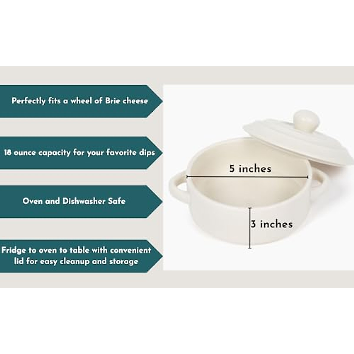 Stoneware Brie Cheese Baking Dish and Warmer with Lid - Oven Safe - Great for Charcuterie Board and Grazing Table Accessories - Perfect for Camembert, Baked Brie, Fondue, Dip - Oven Safe Ceramic Crock