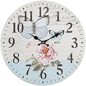 Lily's Home Retro Style Vintage Inspired Blue Swallowtail Butterfly Floral Garden Kitchen Wall Clock, Battery-Powered with Quartz Movement, Ideal Gift for Garden or Flower Lover (13" Diameter)