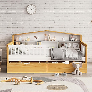 Wooden House Shape Daybed with Two Drawers and Bookcase Headboard,for Kids Girls Boys Teen Bedroom Use (Walnut/White@Drawers/, Twin)