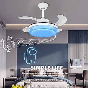 HOREVO Retractable ceiling fans with lights and Bluetooth speaker 42 Inch Fandelier Invisible Blades Chandelier Fan Color Changing Dimmable Hidden Bluetooth Ceiling Fan with lights with remote