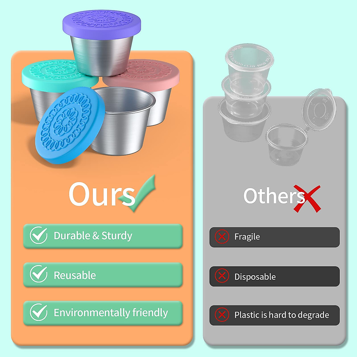 Salad Dressing Container To Go, 2.4 Oz/70ml Snack Lunch Containers for Kids Lunch, 4 Pack Small Condiment Containers with Leakproof Lids, Reusable Sauce Cups for Kitchen School Picnic Travel,No BPA.