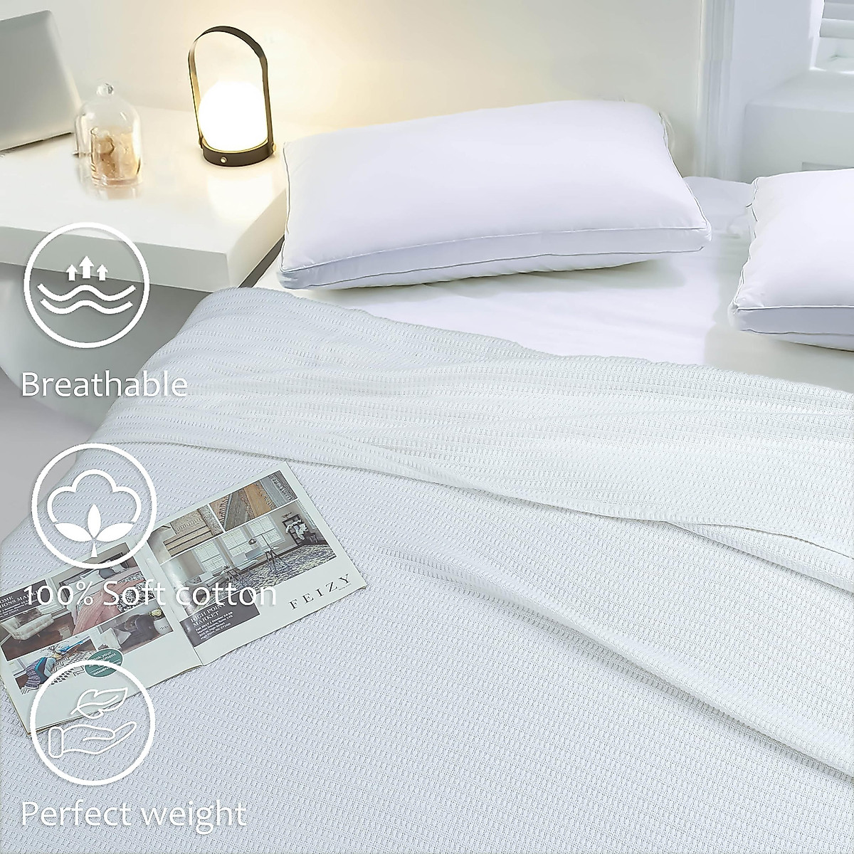 Tex Trend 100% Cotton Blanket King Size for Bed - Classic Fall Blanket, Lightweight, Thermal, Breathable, Soft Woven Blanket for All Seasons, White, 90x108 Inches