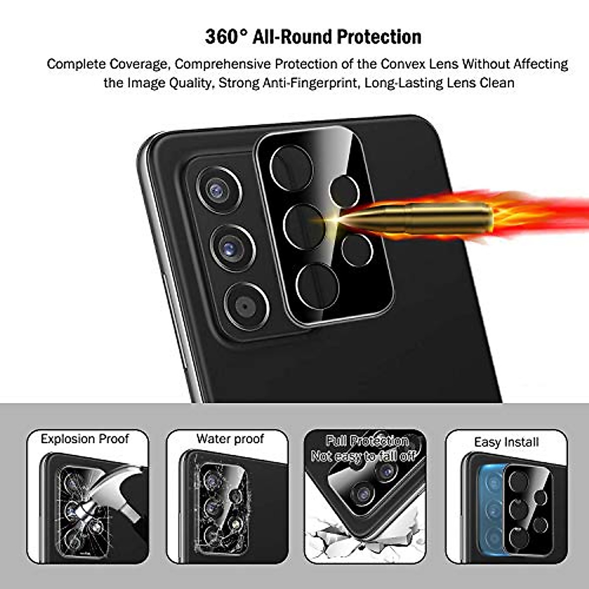 QHOHQ 3 Pack Screen Protector for Samsung Galaxy A52 4G/A52 5G/A52S 5G with 3 Pack Camera Lens Protector, Tempered Glass Film, 9H Hardness, HD, Anti-Scratch, 2.5D Edge, Anti-Fingerprint, Easy to install