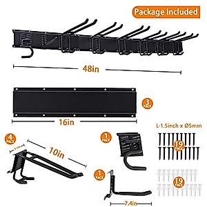 Garage Tool Storage Rack, 48 Inch Adjustable Garage Organizer Wall Mounted 11 PCS Garage Storage with 8 Hooks, Super Heavy Duty Garden Tool Hanger for Shovels, Rake Shovel Yard Tools，Hold Up to 450lbs