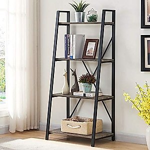 BON AUGURE Rustic Ladder Bookshelf, 4 Tier Industrial Ladder Shelf Bookcase, Standing Leaning Book Shelves for Living Room (Dark Gray Oak)