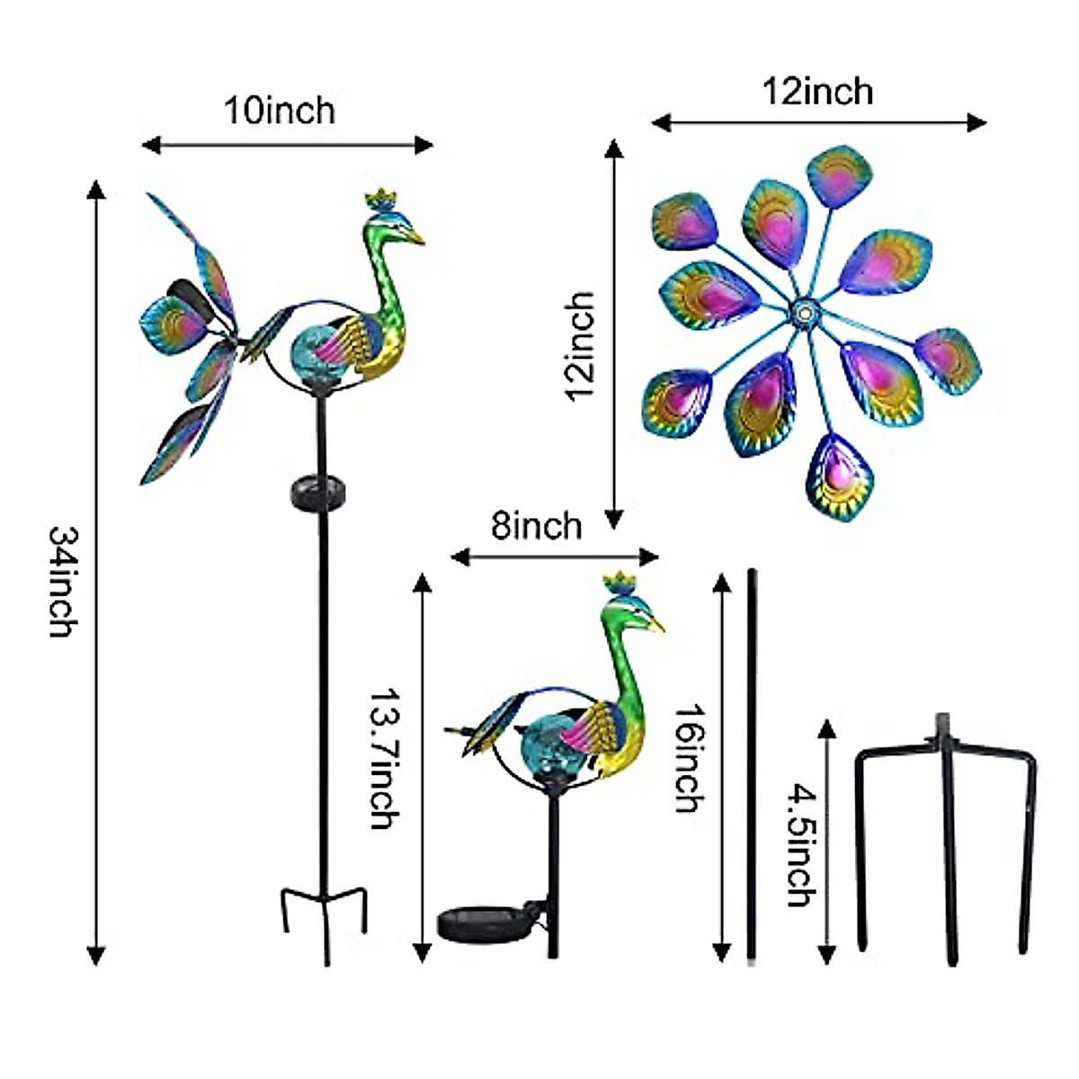 Wind Spinners for Yard and Garden - Solar Peacock Wind Spinner, Metal Kinetic Garden Stake Lights Wind Spinners, Outdoor Decorative Sculpture Waterproof Lights Lawn Courtyard Garden Décor